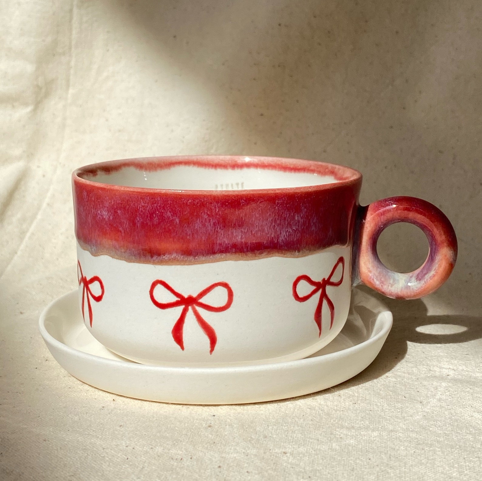 Ceramic Red Bow Ribbon Coquette Mug With Plate, Porcelain Cup, Handmade ...