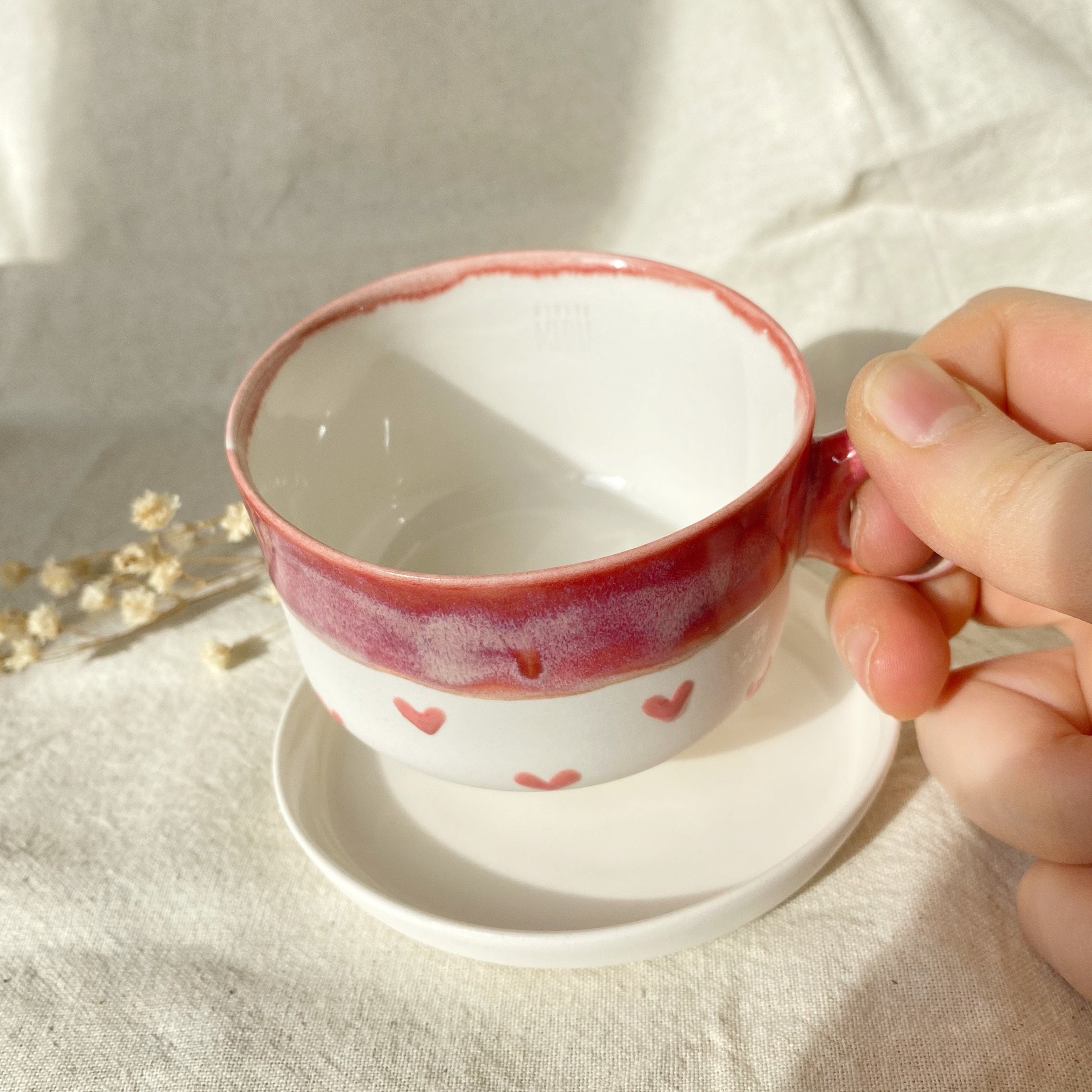 Ceramic Pink Heart Mug With Plate, Porcelain Cup, Handmade Coffee Tea ...