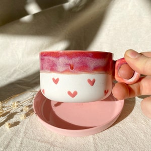 Ceramic Pink Heart Mug With Plate, Porcelain Cup, Handmade Coffee Tea ...
