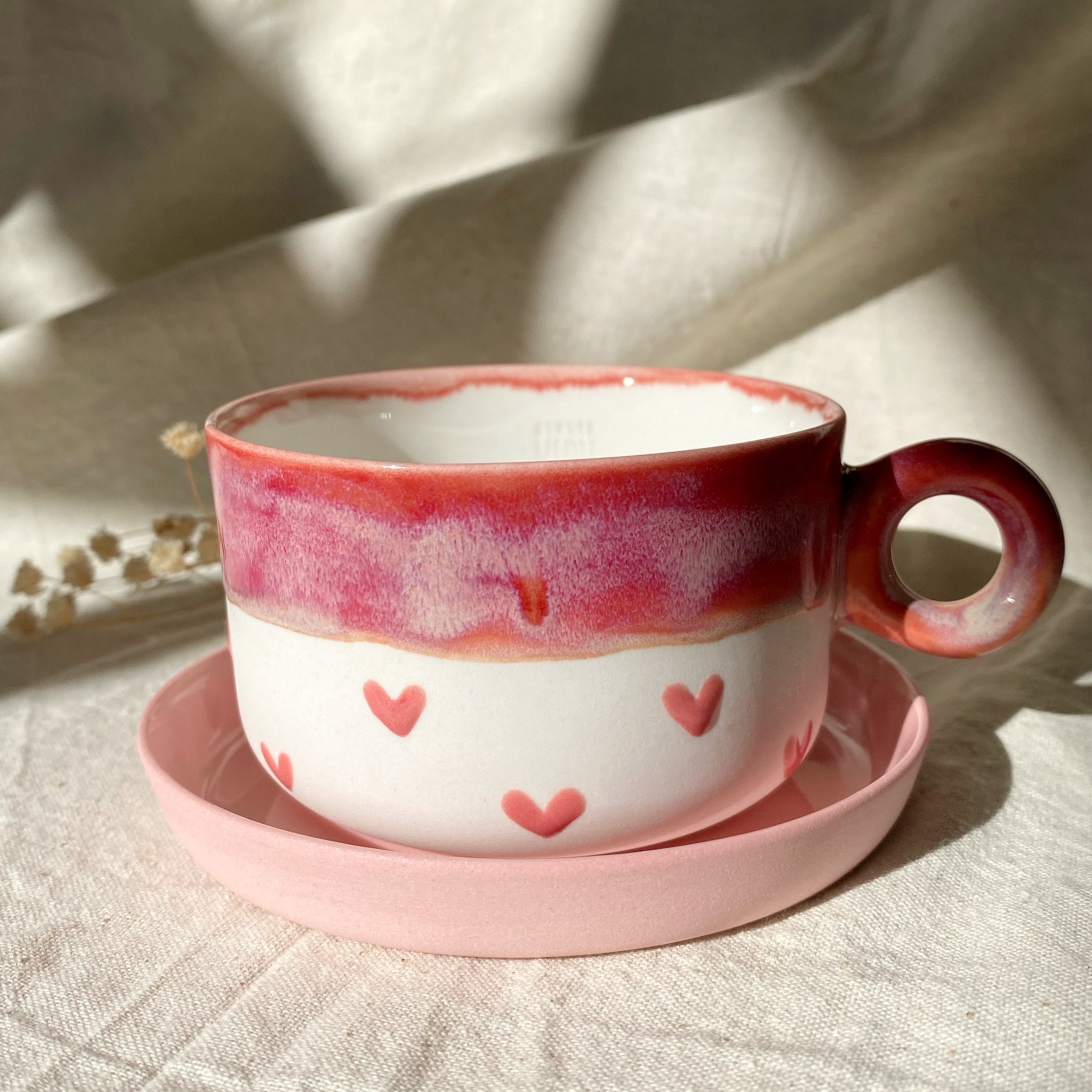 Ceramic Pink Heart Mug With Plate, Porcelain Cup, Handmade Coffee Tea ...