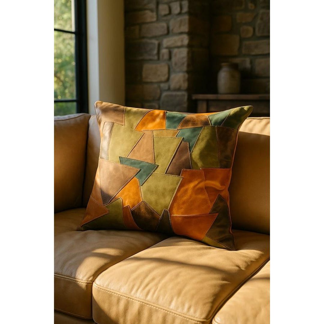 Handmade Leather Patchwork Cushion - Earthy Boho Home Decor Pillow | 60x60 Cm Gift for Her Him ...
