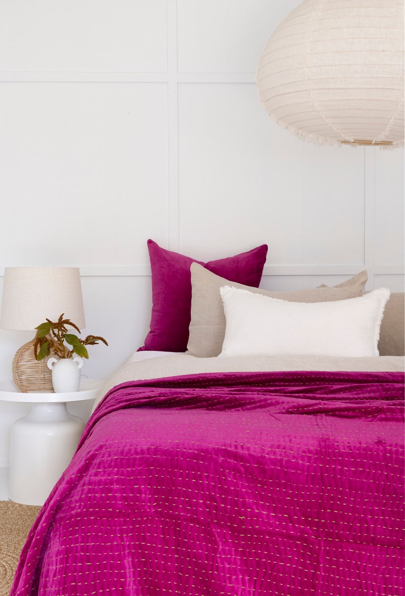 Boho Pink Velvet Kantha Quilt: Handmade Indian Bedspread Throw Gift for ...