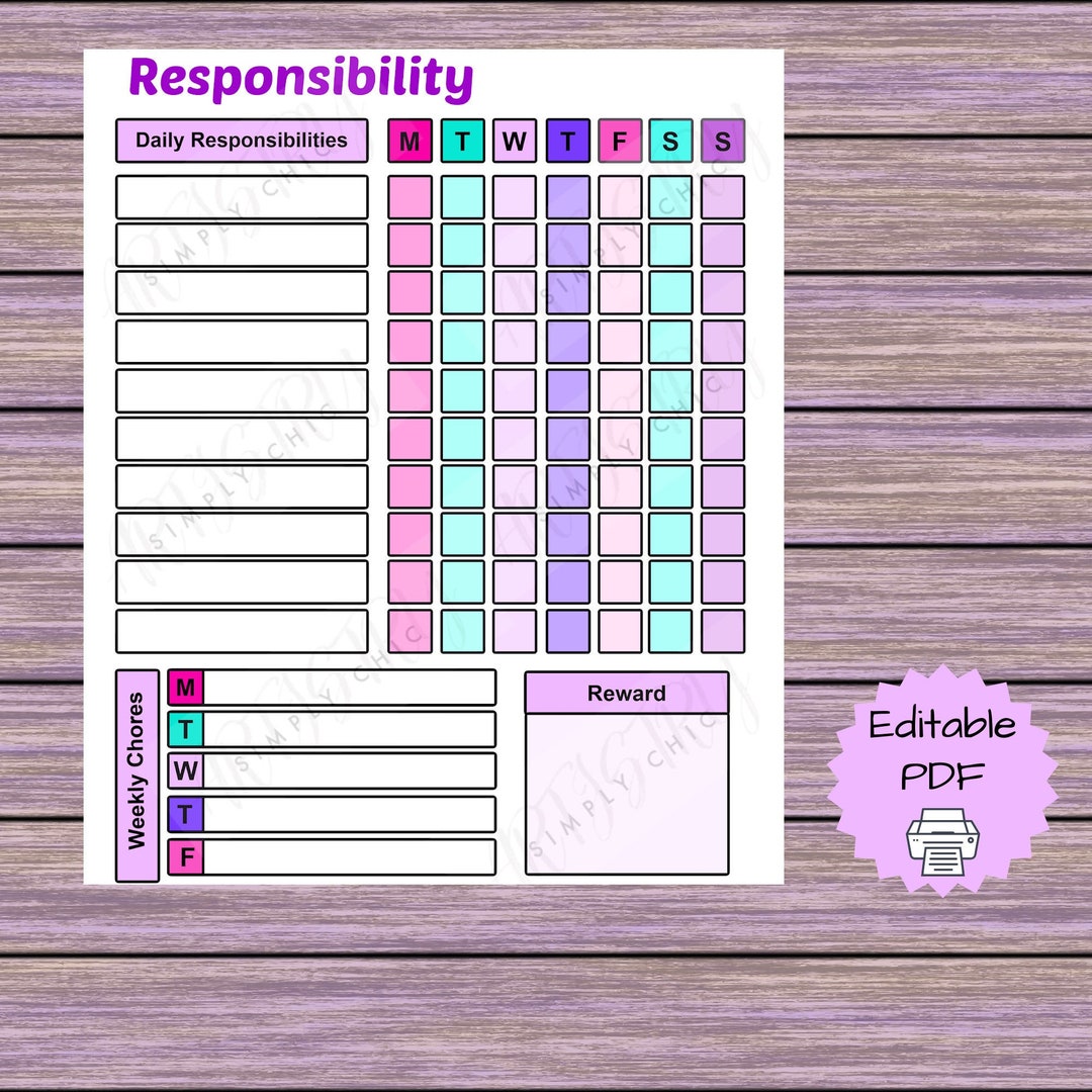 Editable Responsibility Chore Chart for Kids Daily & Weekly Chore Chart ...