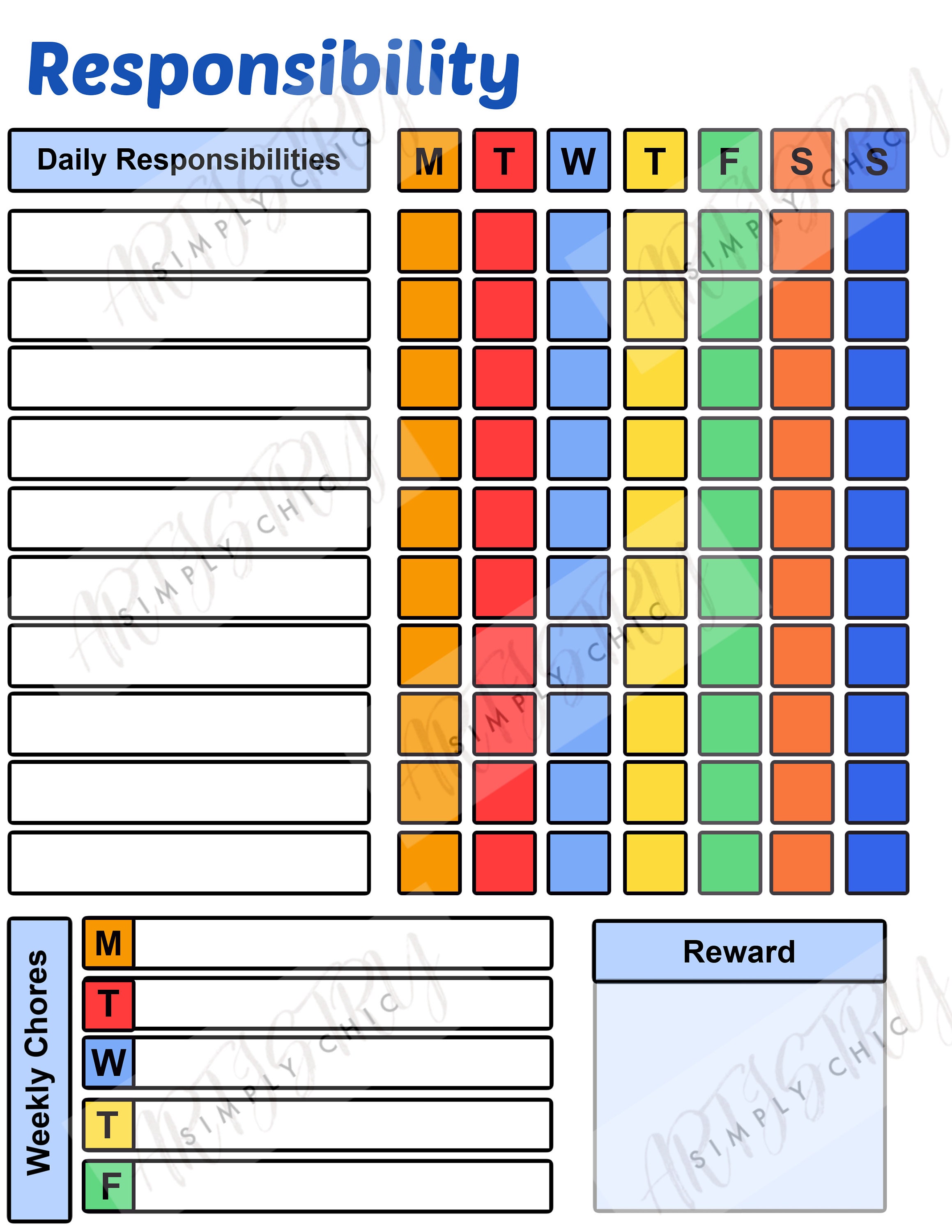 Editable Responsibility Chore Chart for Kids Daily & Weekly Chore Chart ...