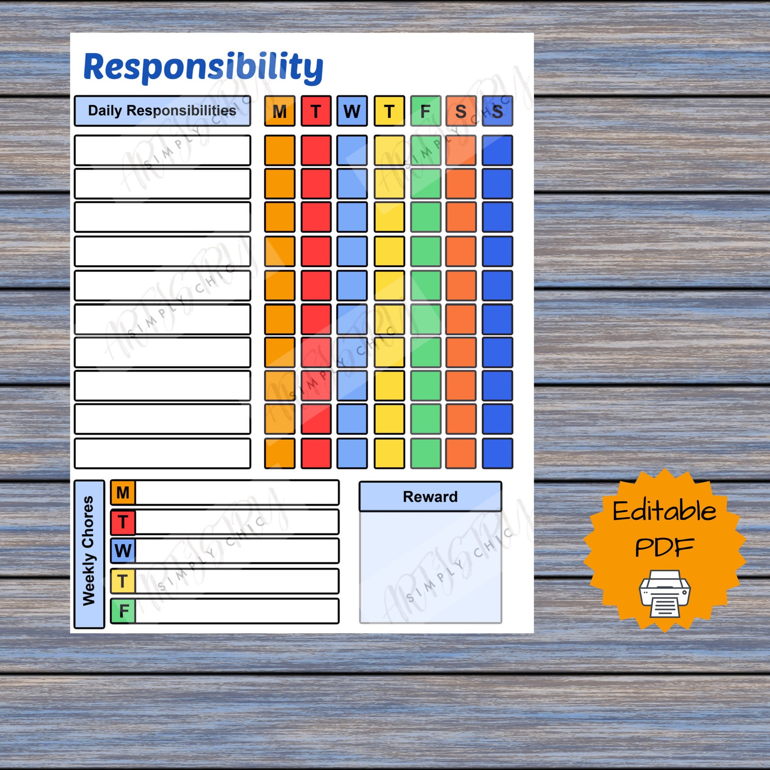 Editable Responsibility Chore Chart for Kids Daily & Weekly Chore Chart ...