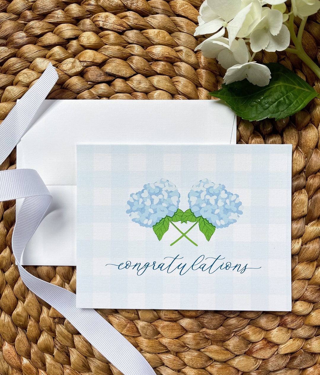 Hydrangeas Congratulations Greeting Card | Blank Inside, A2 Size, Linen ...