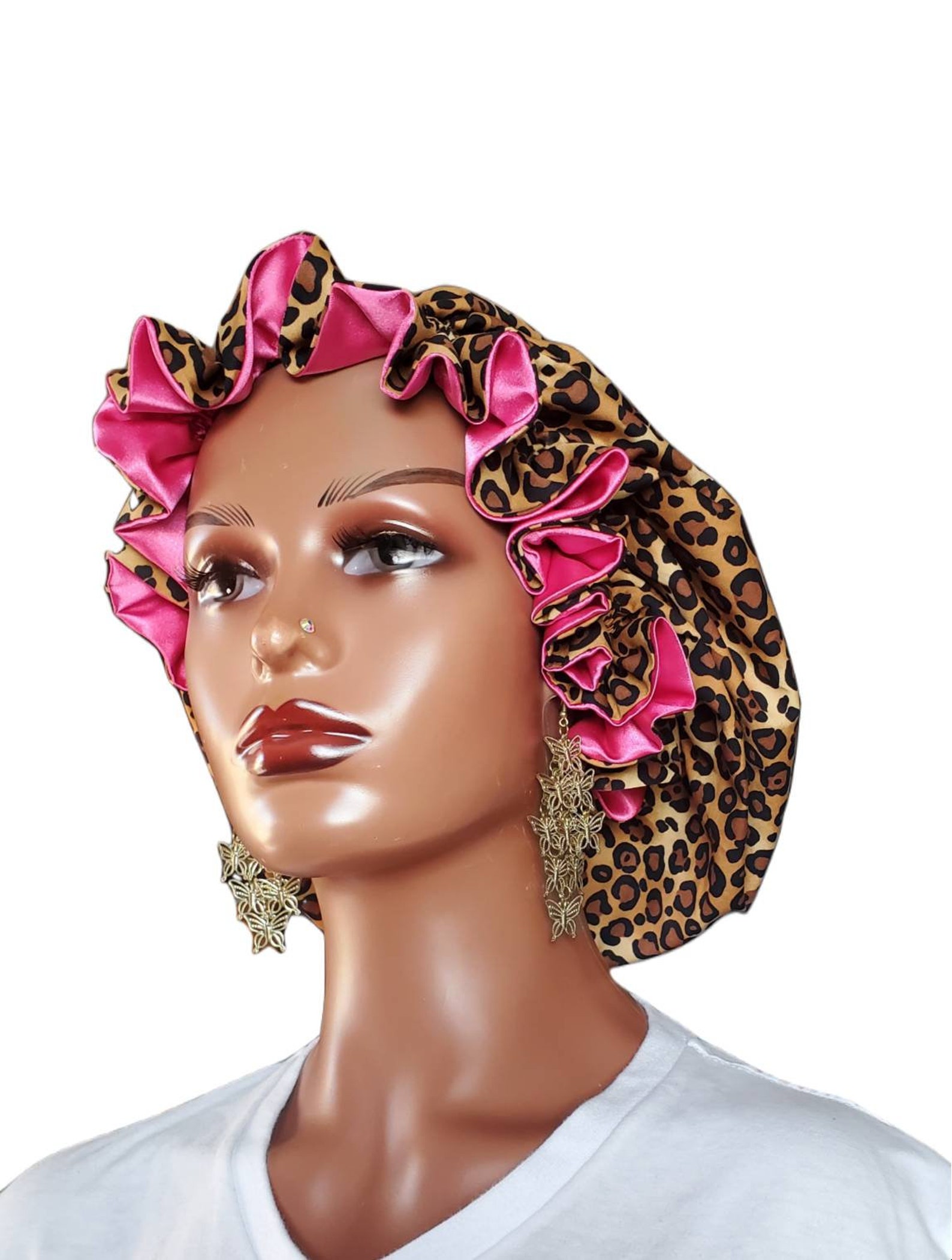 Cheetah/leopard 100% Satin Lined Ruffle Bonnet | Large Adult Bonnet for ...