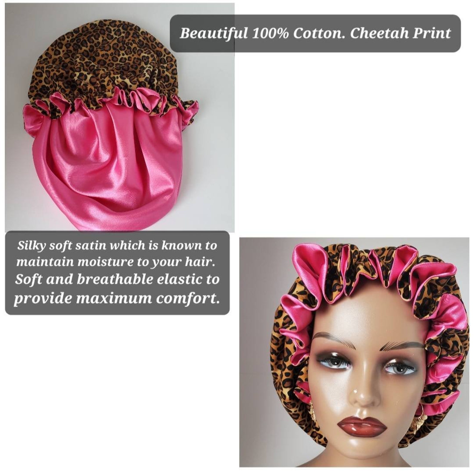 Cheetah/leopard 100% Satin Lined Ruffle Bonnet | Large Adult Bonnet for ...