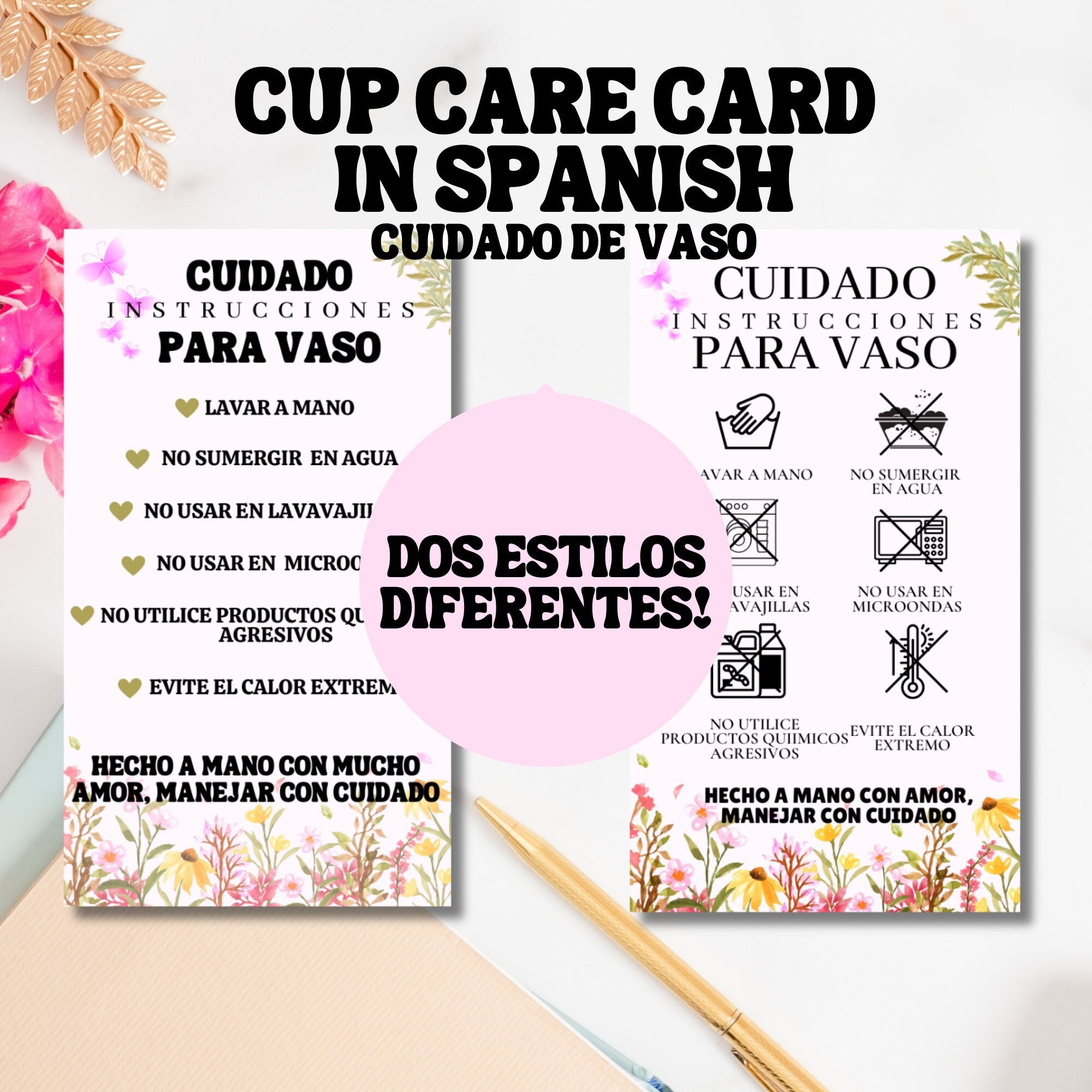 Tumbler Care Card in Spanish, Flower Cup Care En Espanol, Tumbler ...