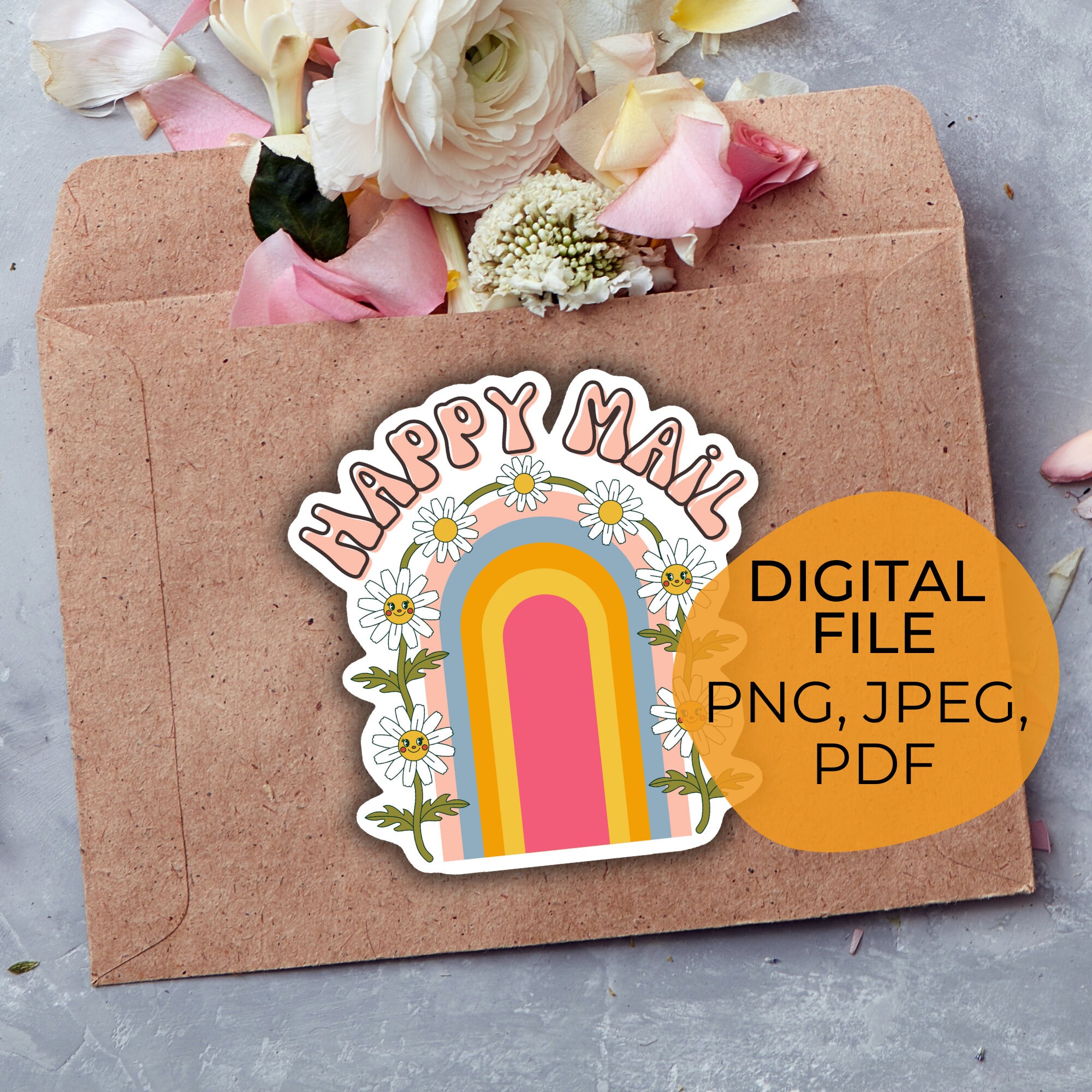 Retro Happy Mail Sticker PNG Download- Flower- Rainbow- Happy Mail ...