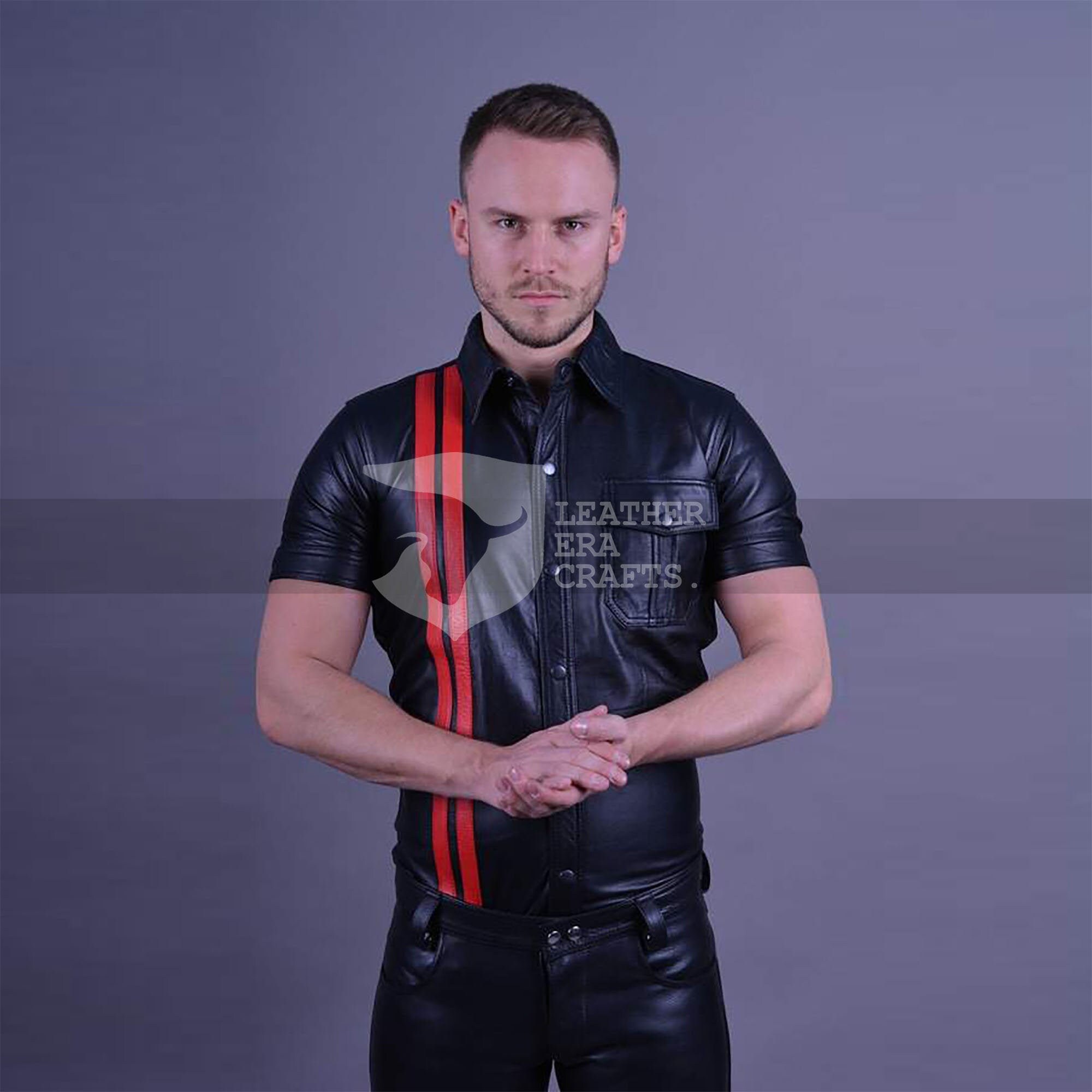 Black Leather T-Shirt with Red Stripes For Men Party Wear | Etsy