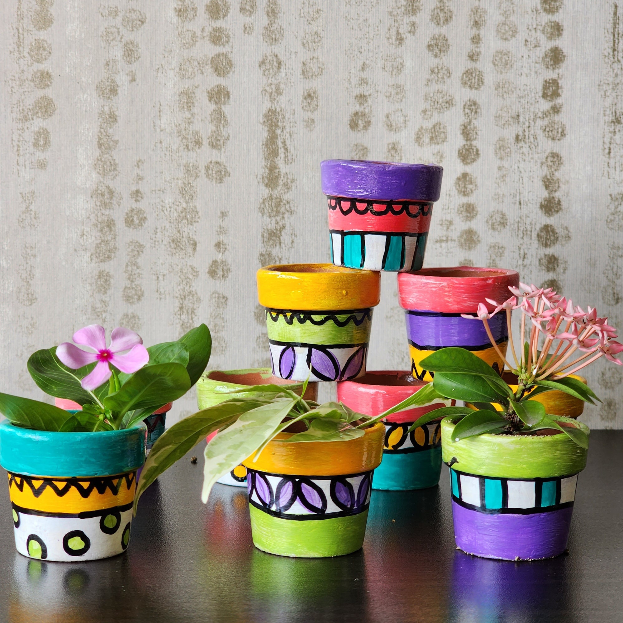 Small Hand Painted Terracotta Plant Pots. Miniature Colorful - Etsy