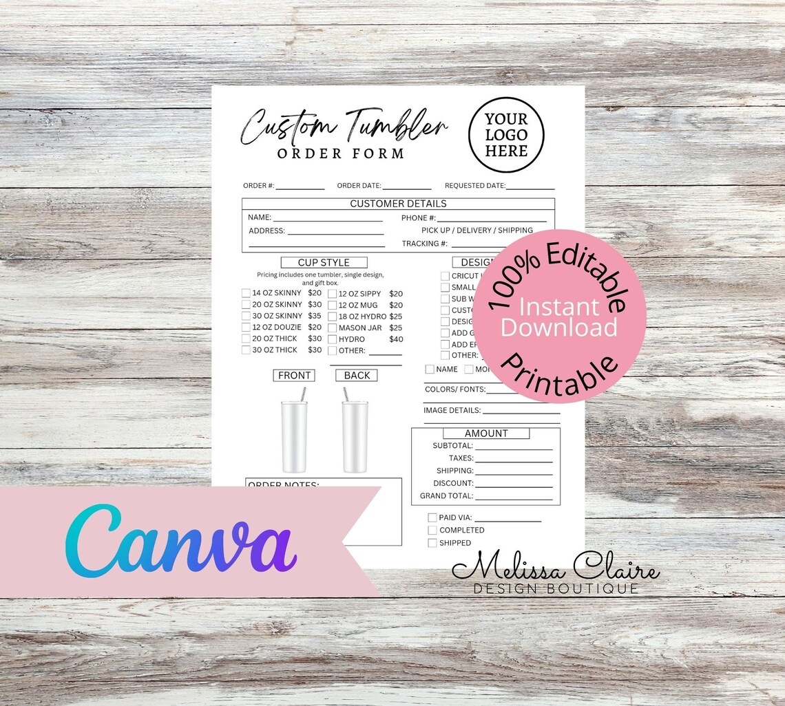 Editable Sublimation Tumbler Order Form Template Canva Forms - Etsy