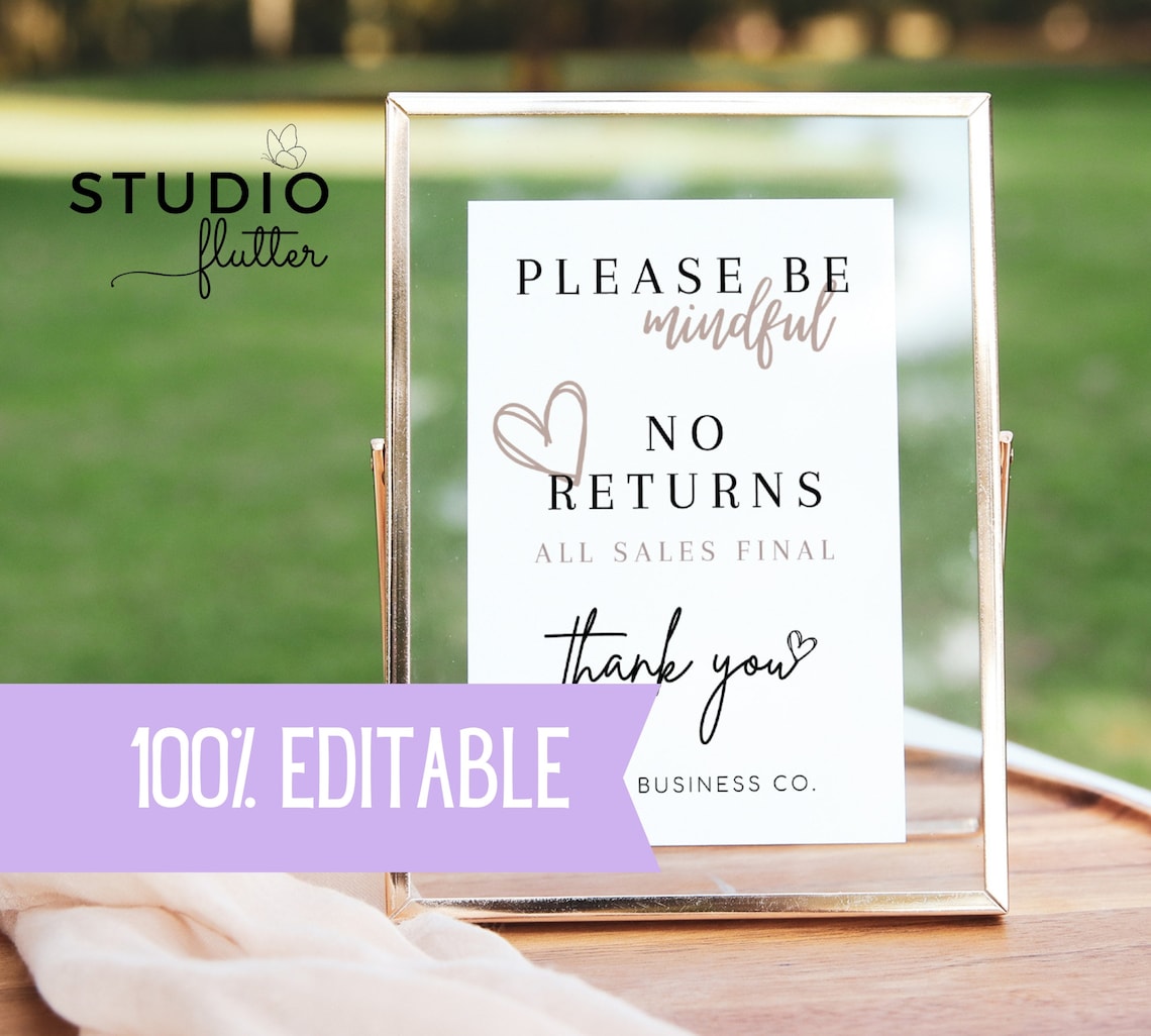 Editable No Returns Sign Template, Printable All Sales Final Sign ...