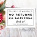 Editable No Returns Sign Template, Printable All Sales Final Sign ...