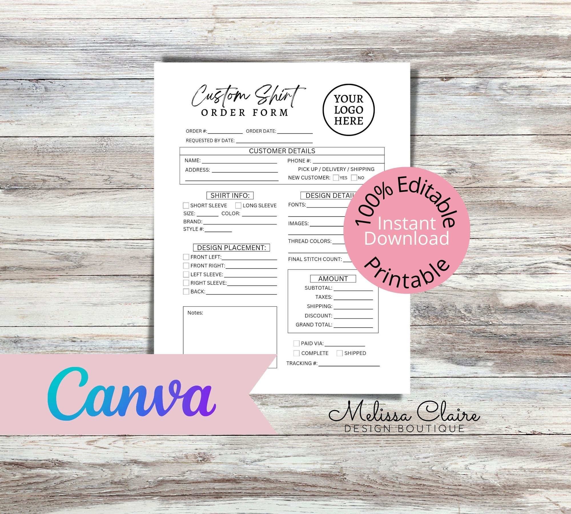 Editable Embroidery Shirt Order Form Template Canva Forms - Etsy