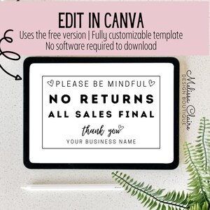 Editable No Returns Sign Template, Printable All Sales Final Sign ...