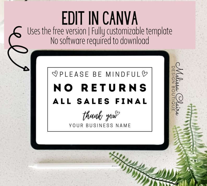 Editable No Returns Sign Template, Printable All Sales Final Sign ...