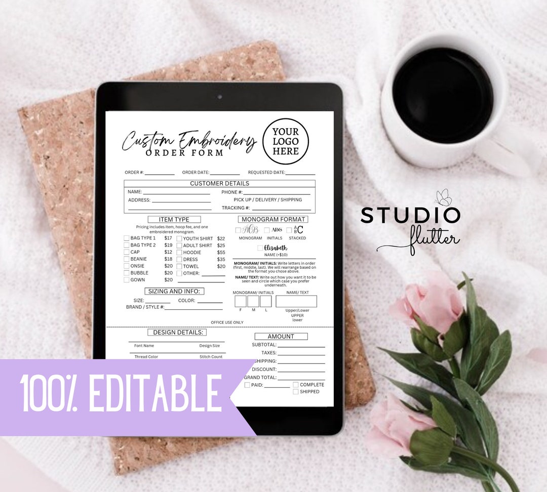 Editable Embroidery Order Form Template, Custom Embroidery Order Form ...