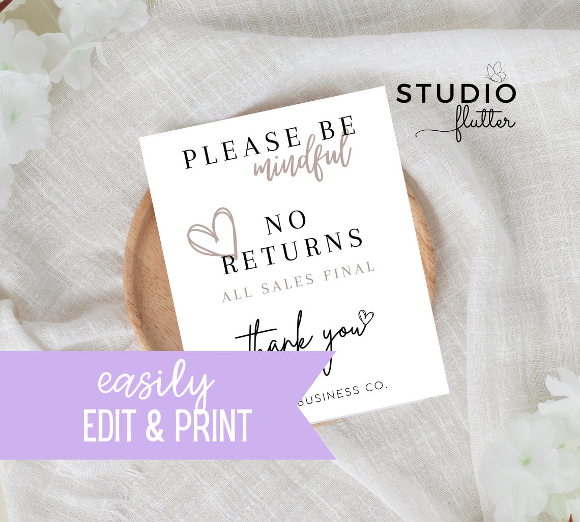 Editable No Returns Sign Template, Printable All Sales Final Sign ...