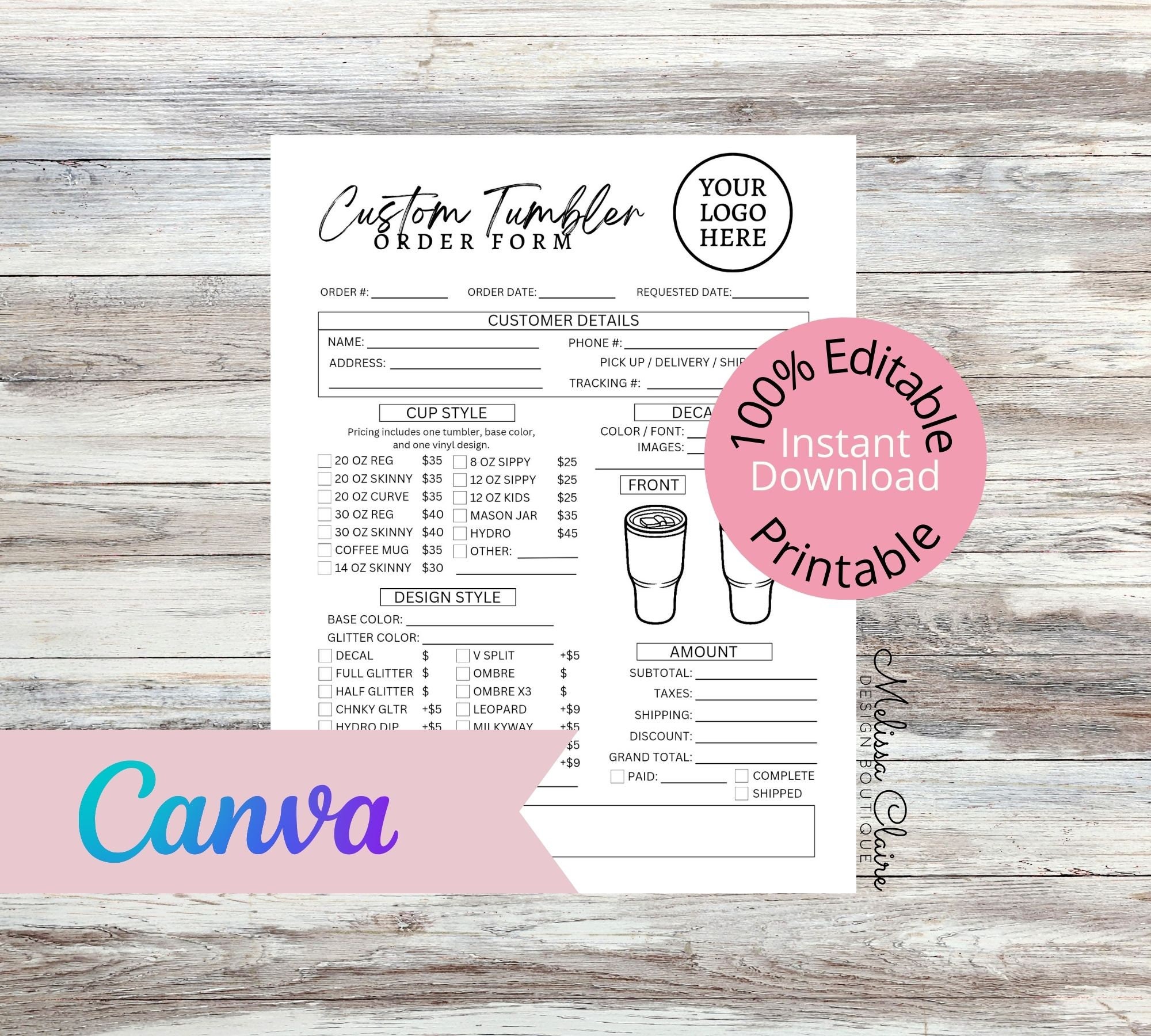 Editable Tumbler Order Form Template, Canva Forms, Custom Tumbler Order Form, Tumbler Pricing ...