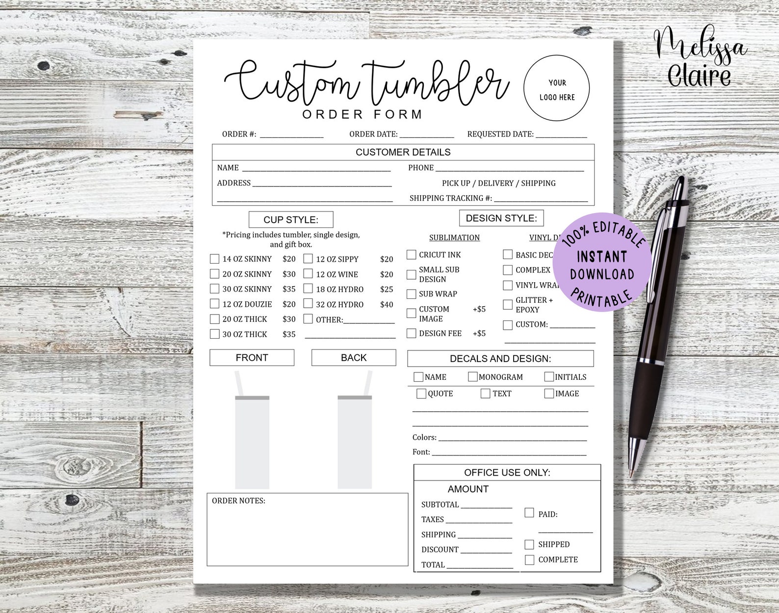 Editable Sublimation Tumbler Order Form Template Custom - Etsy