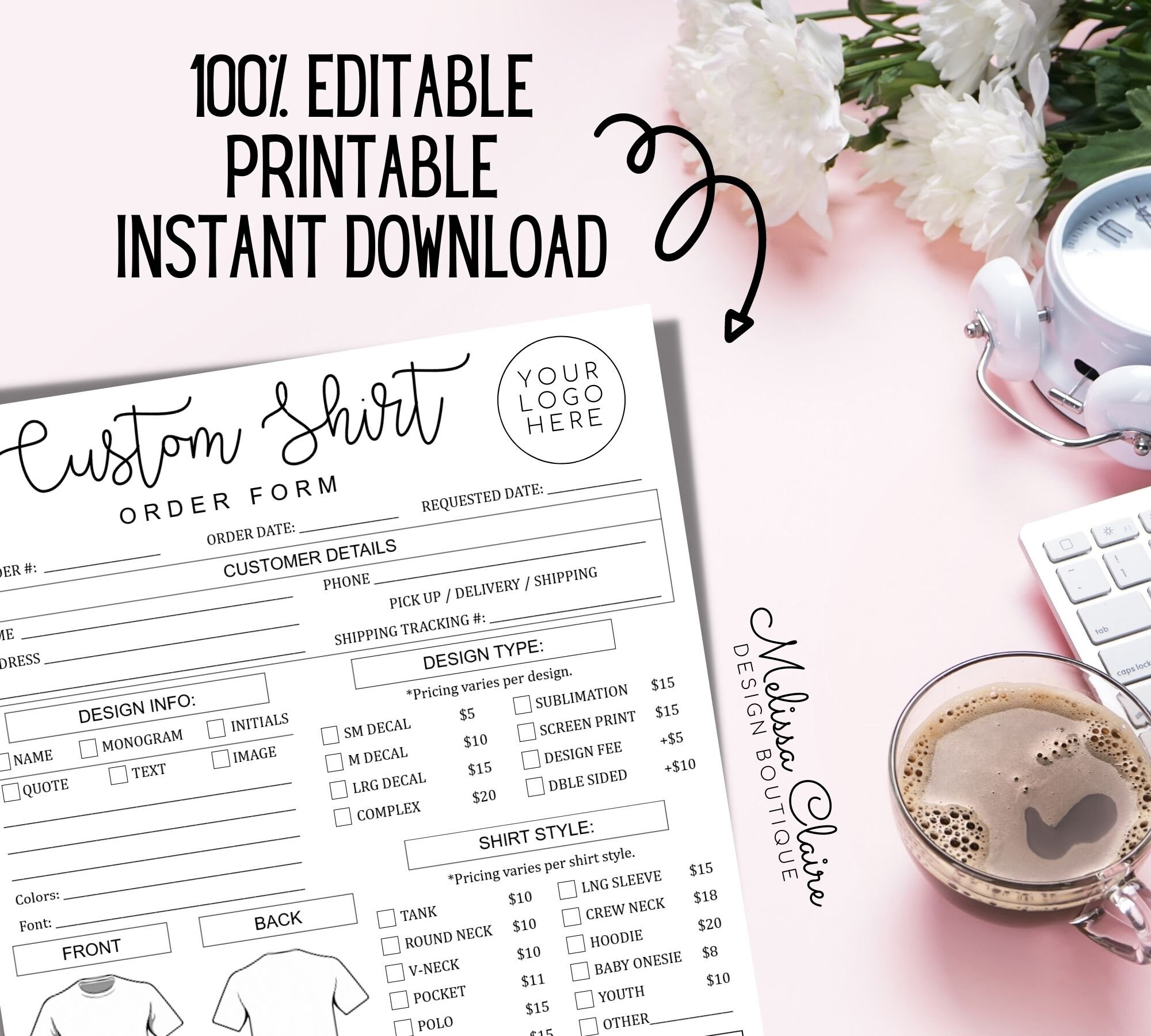 Editable Sublimation Shirt Order Form Template, Custom Tee Shirt Form ...