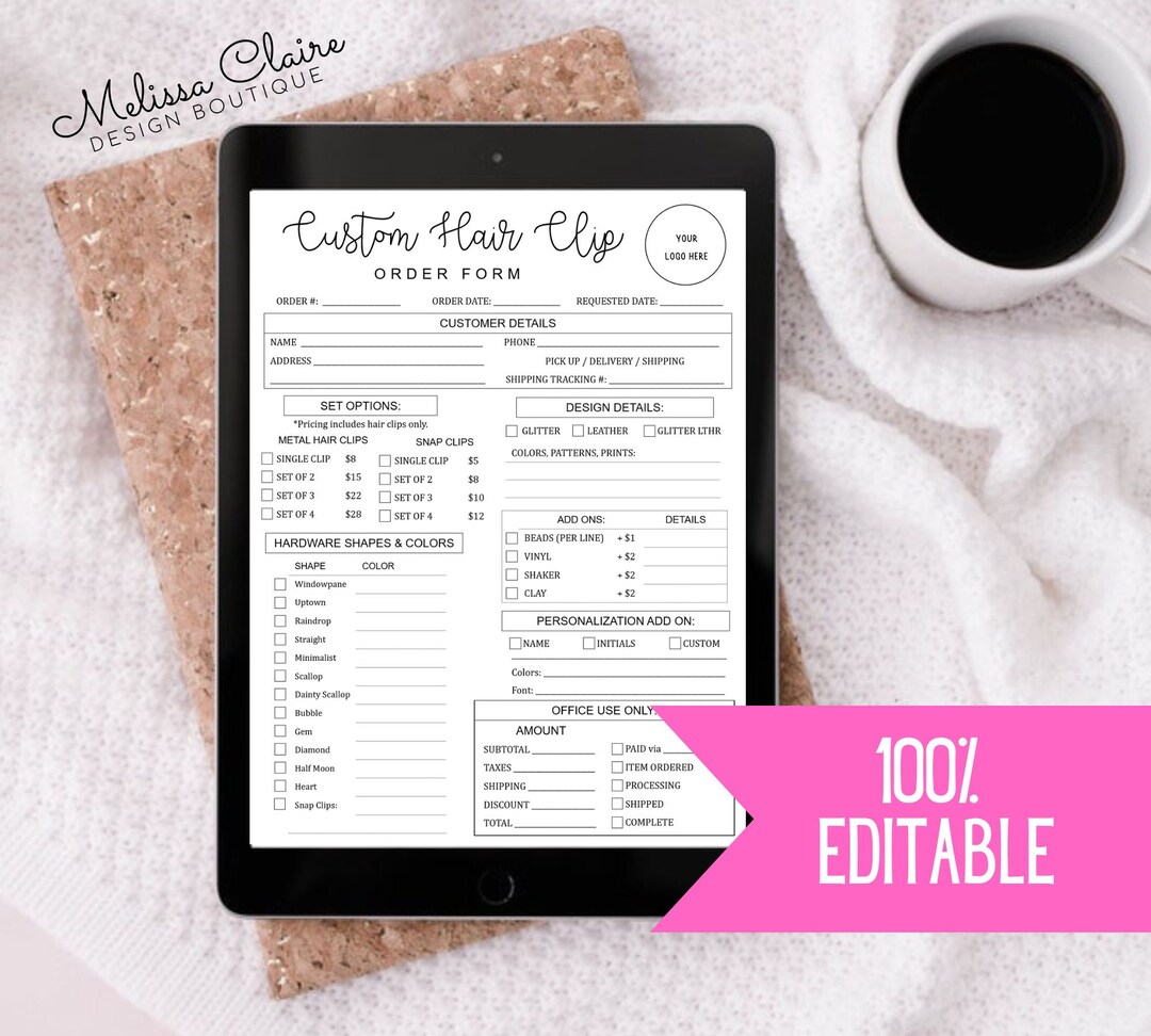 Editable Custom Hair Clip Order Form Template, Custom Barrette Order ...