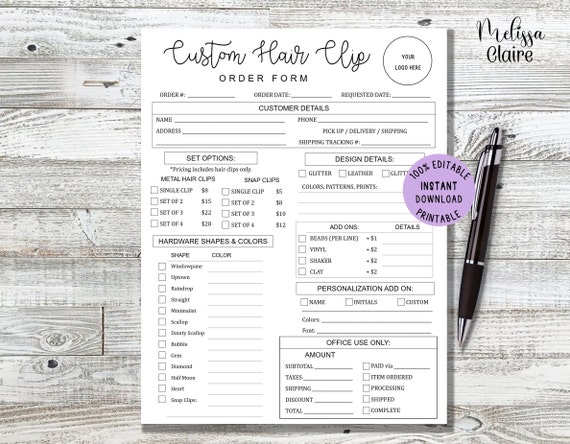 Editable Custom Hair Clip Order Form Template Custom Barrette - Etsy