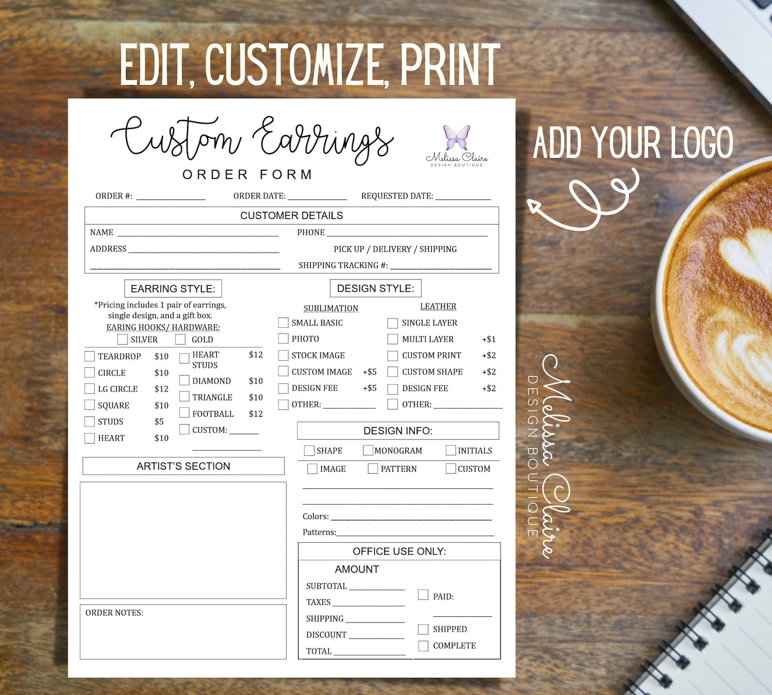 Form Editable Invoice Custom Sublimation Earrings Order Form Template ...