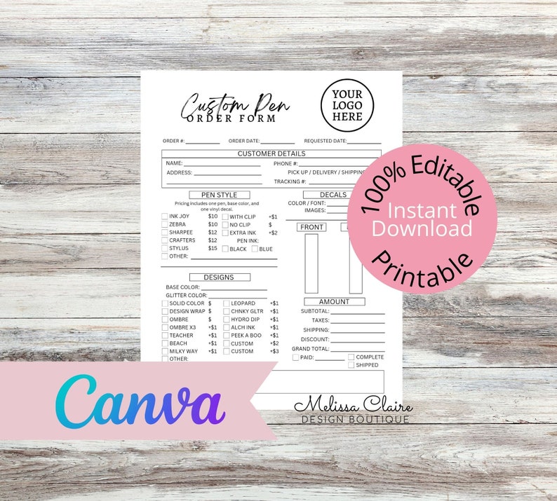 Editable Pen Order Form Template, Canva Forms, Custom Pen Order Form ...