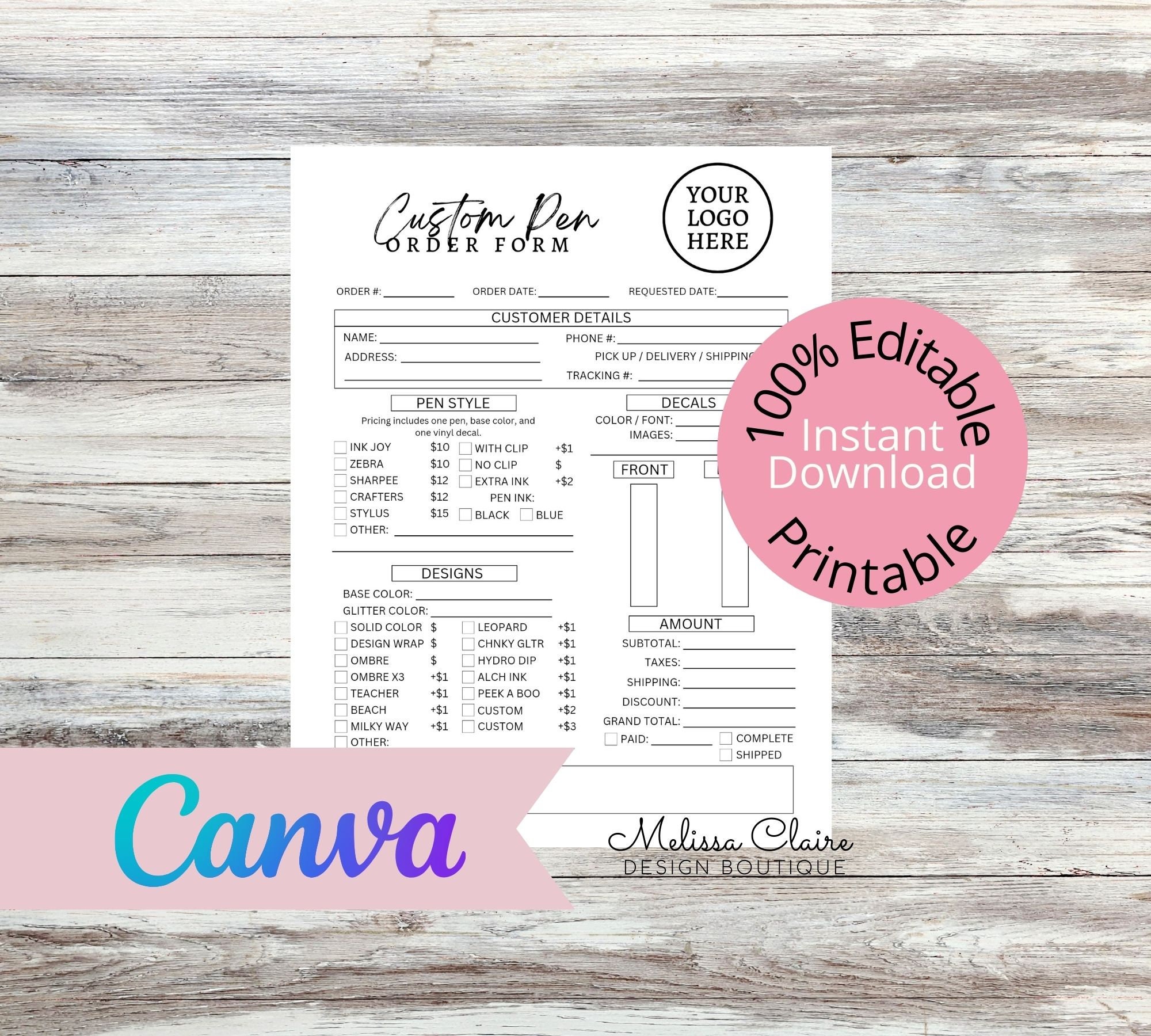Editable Pen Order Form Template, Canva Forms, Custom Pen Order Form ...