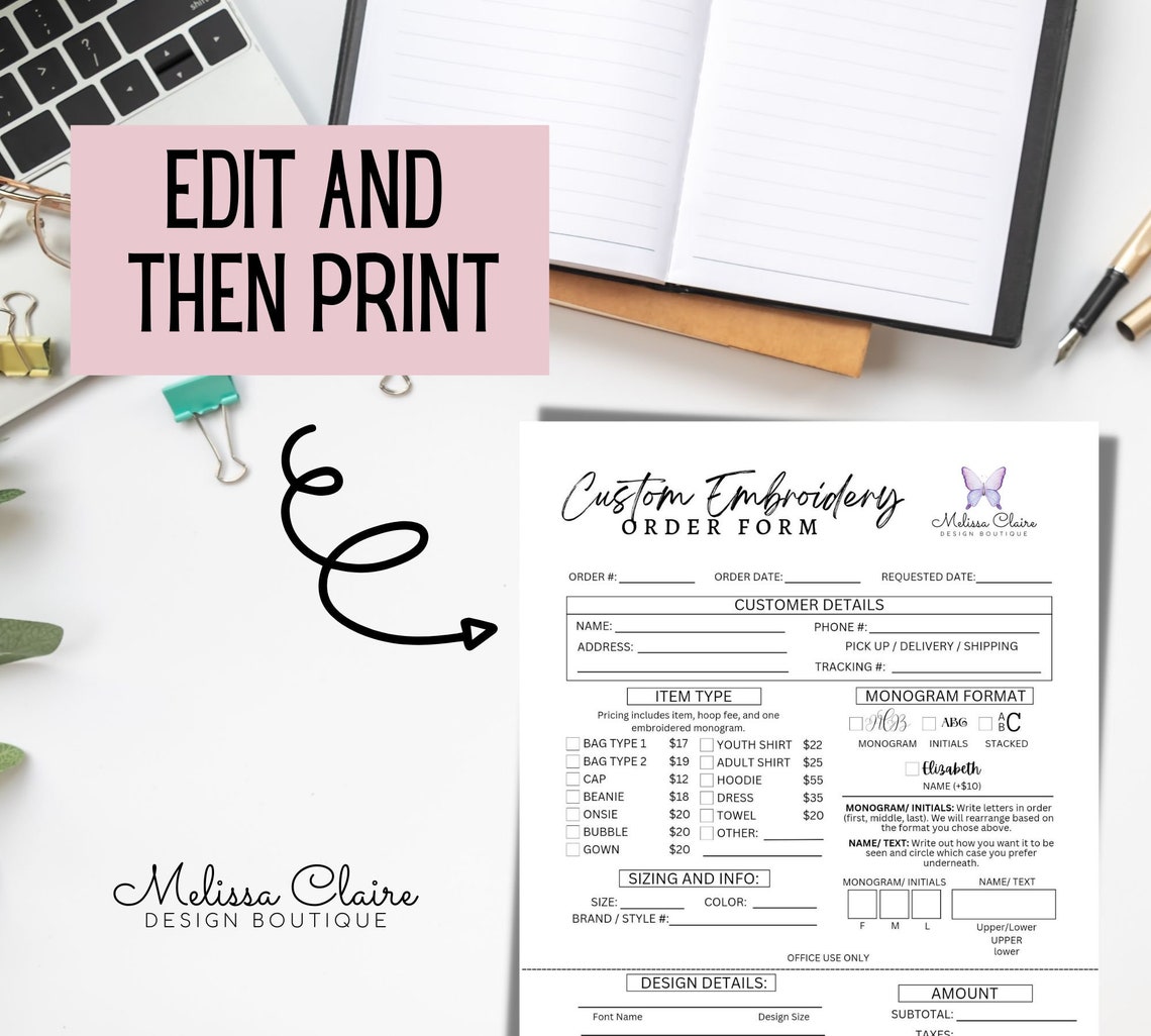 Editable Embroidery Order Form Template Canva Forms Custom Etsy