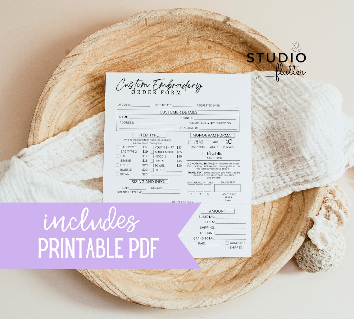 Editable Embroidery Order Form Template, Custom Embroidery Order Form ...