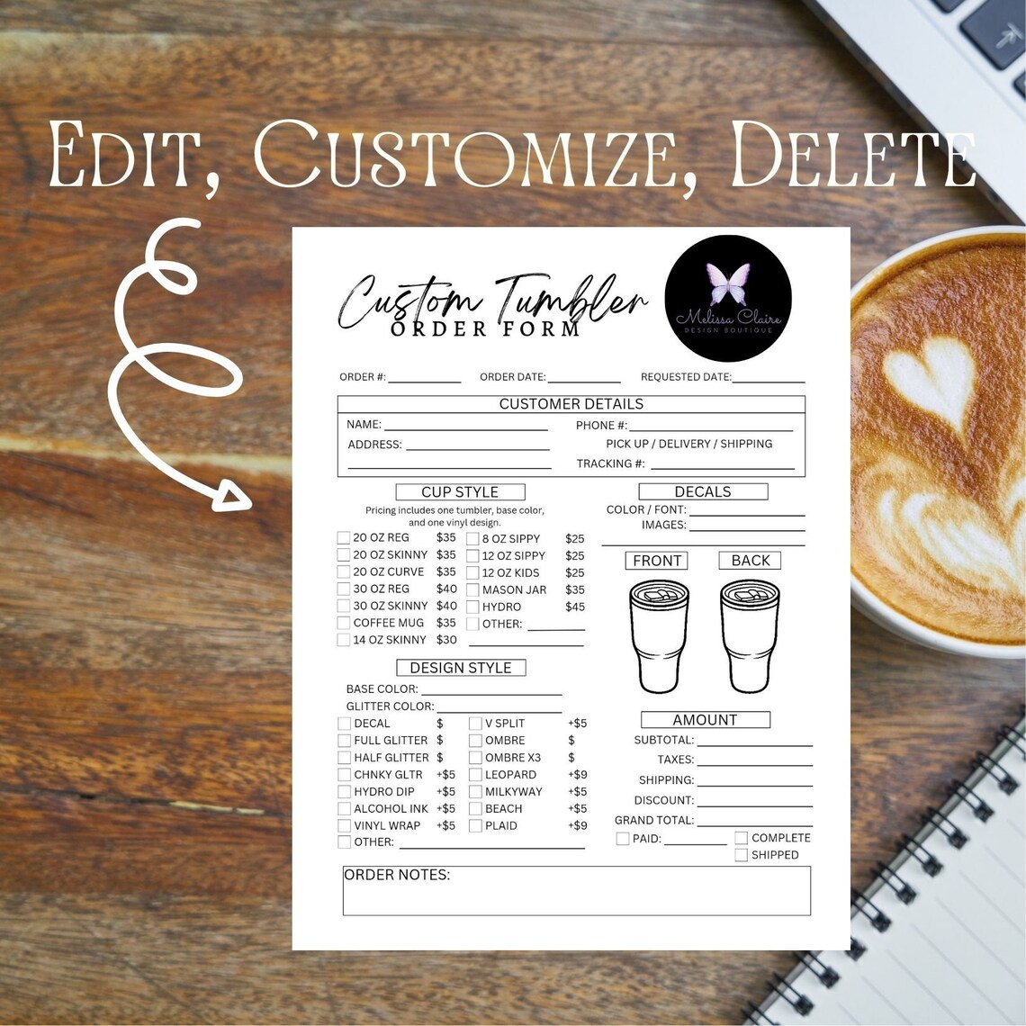 Editable Tumbler Order Form Template Canva Forms Custom - Etsy