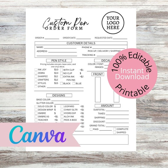 Editable Pen Order Form Template Canva Forms Custom Pen - Etsy