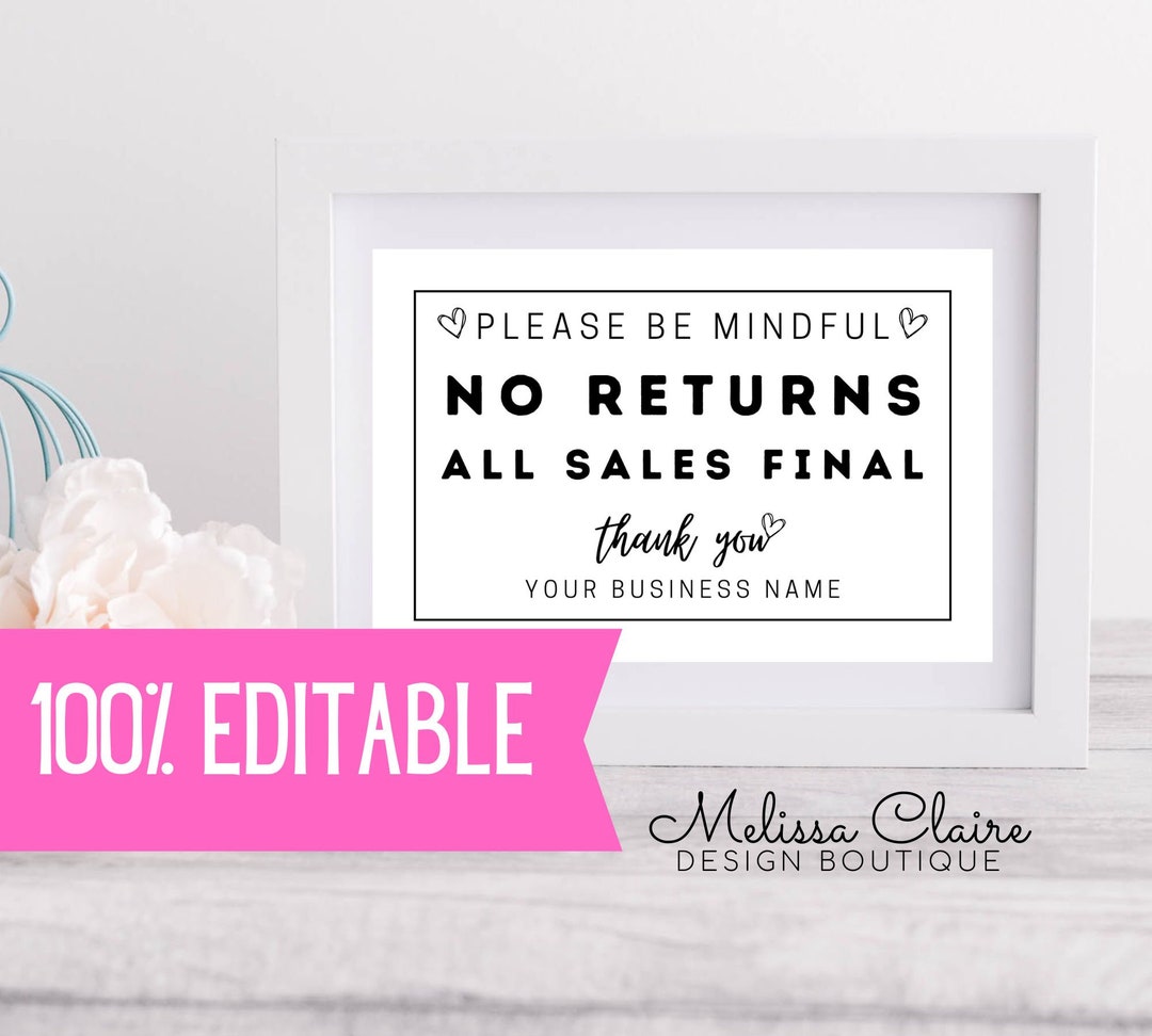 Editable No Returns Sign Template, Printable All Sales Final Sign ...