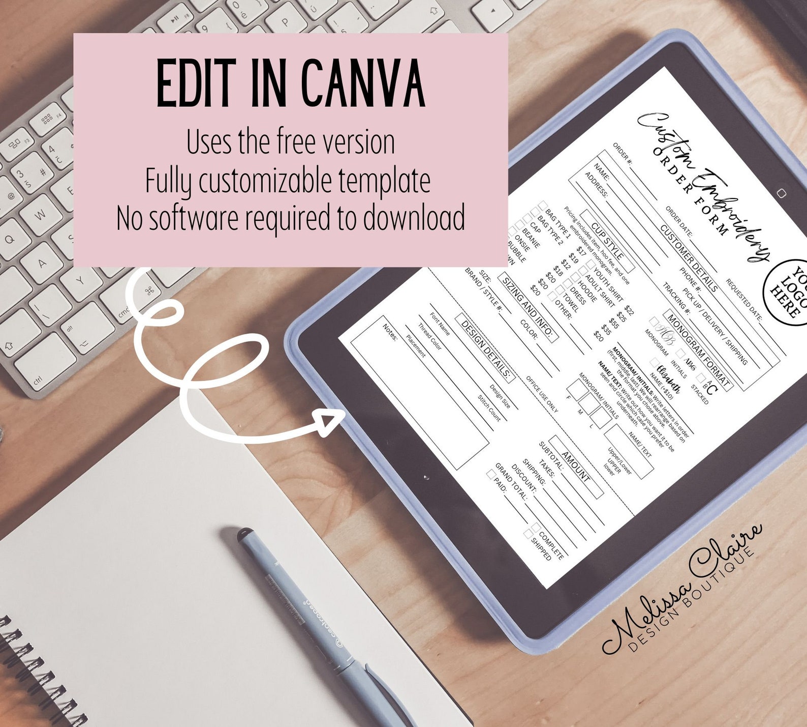 Editable Embroidery Order Form Template Canva Forms Custom - Etsy