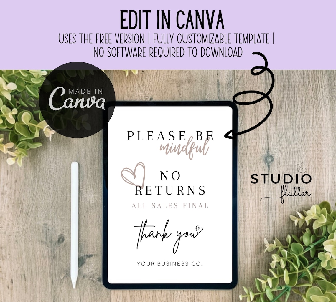 Editable No Returns Sign Template, Printable All Sales Final Sign ...