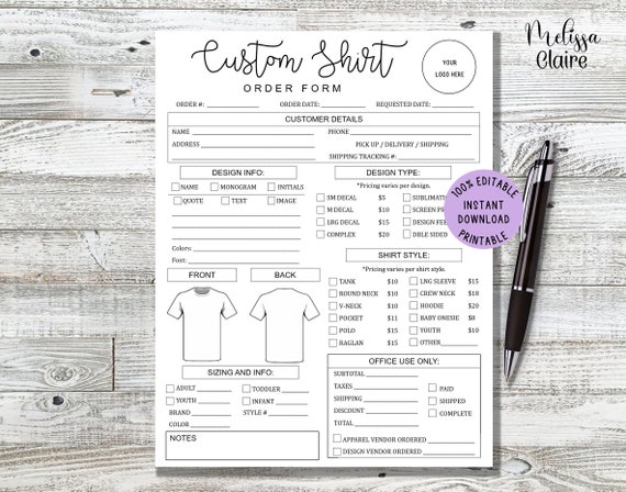 Editable Sublimation Shirt Order Form Template Custom Tee - Etsy