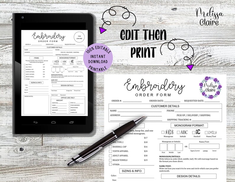 Editable Embroidery Order Form Template Custom Embroidery - Etsy