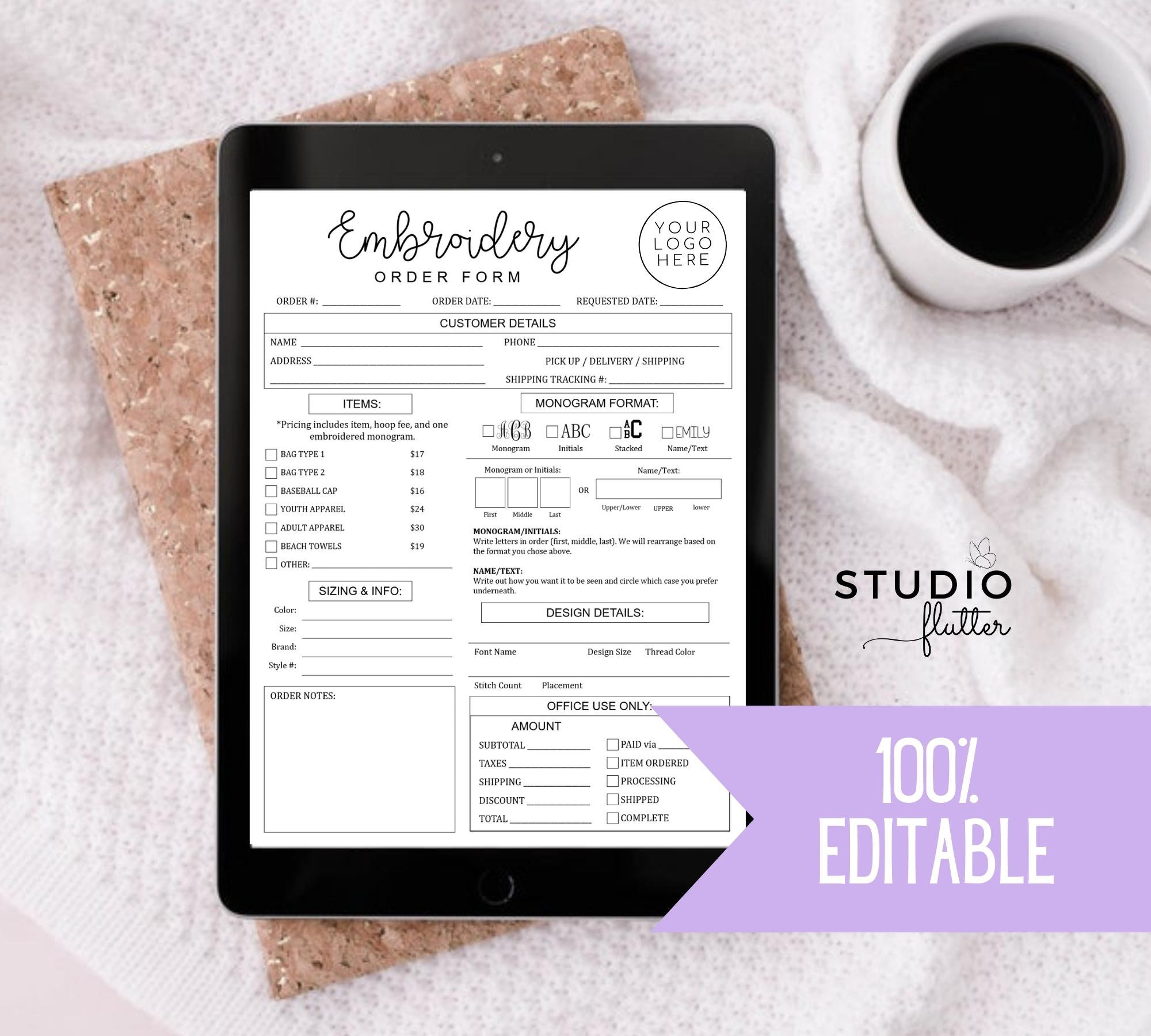 Form Editable Embroidery Invoice Order Template Custom Embroidery Form ...