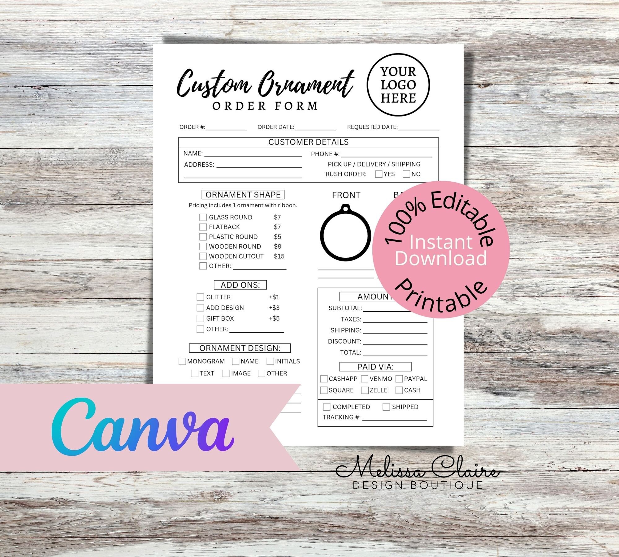 Editable Ornament Order Form Template Printable Custom Etsy