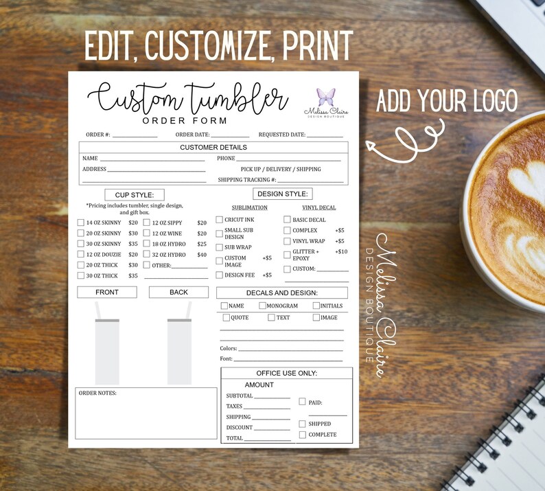 Editable Sublimation Tumbler Order Form Template, Custom Tumbler Form ...