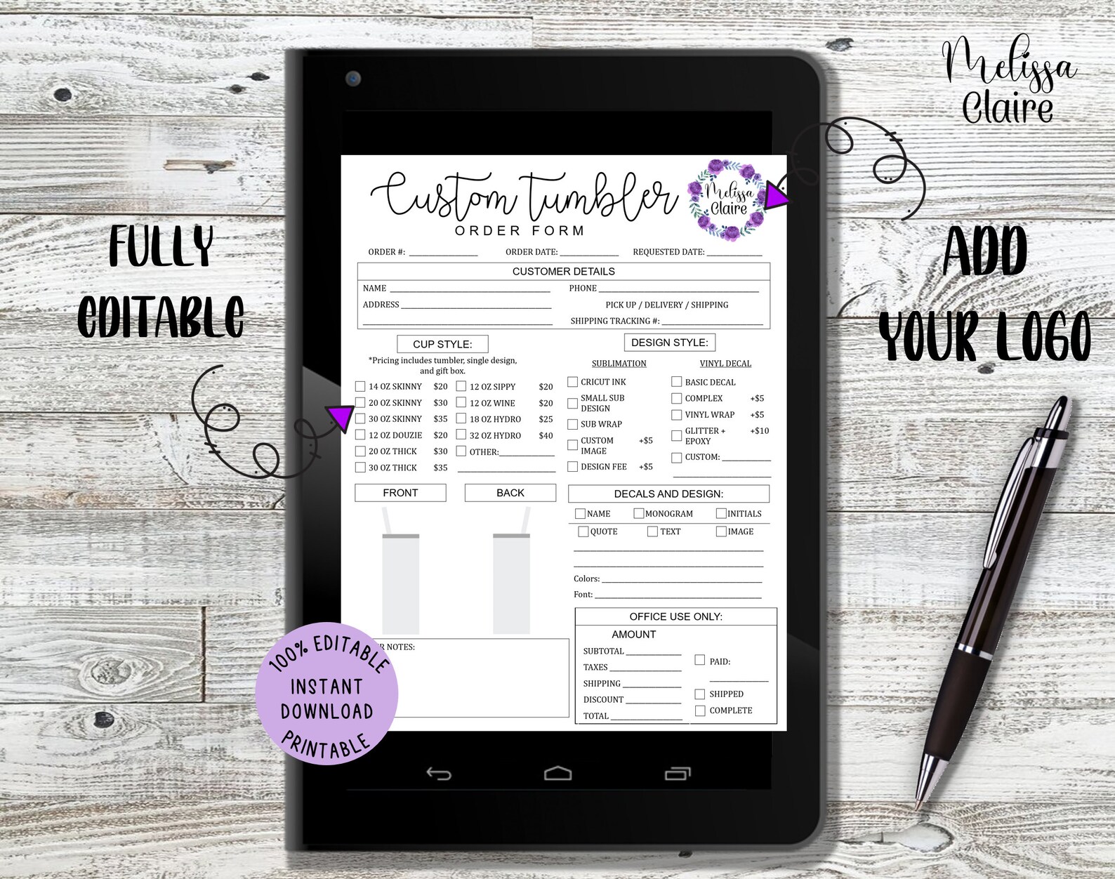 Editable Sublimation Tumbler Order Form Template Custom - Etsy