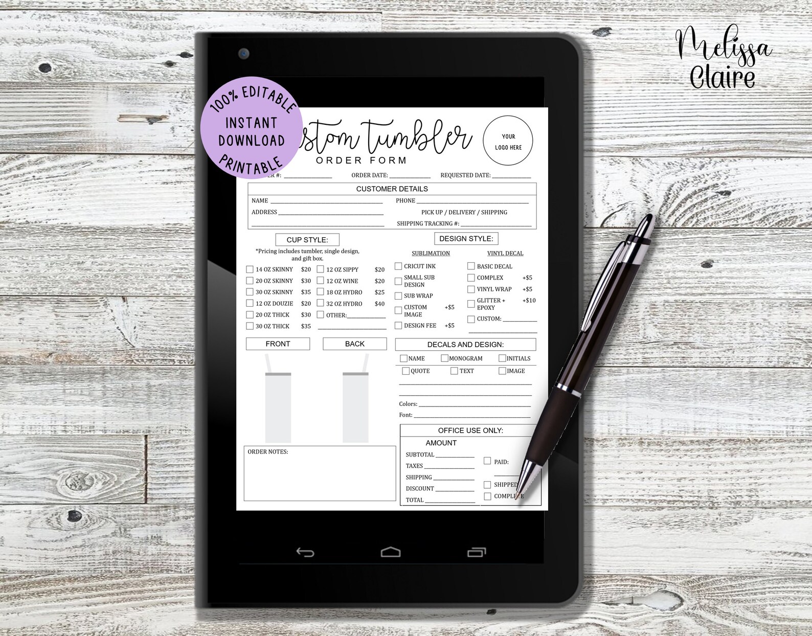 Editable Sublimation Tumbler Order Form Template Custom - Etsy