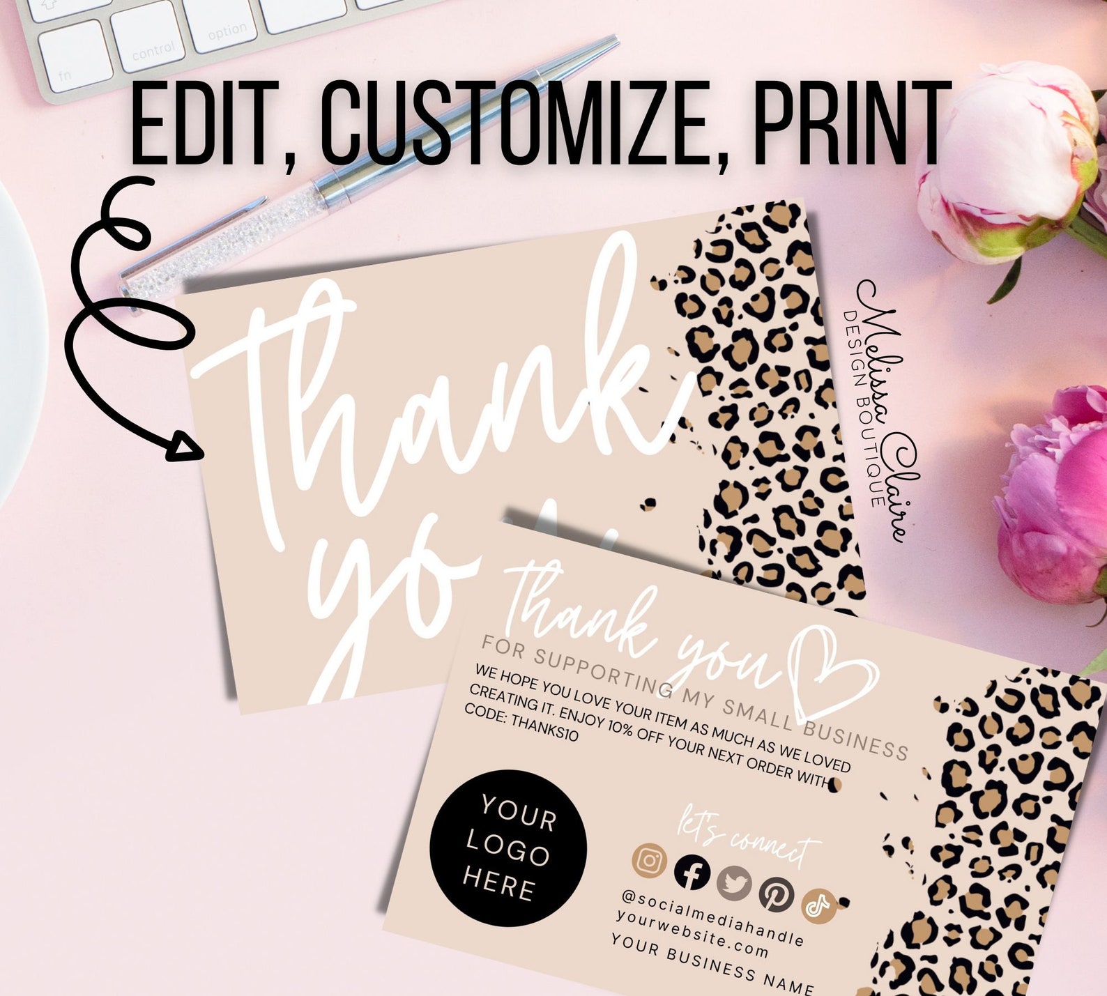 Editable Leopard Business Thank You Card, Business Thank You Card ...