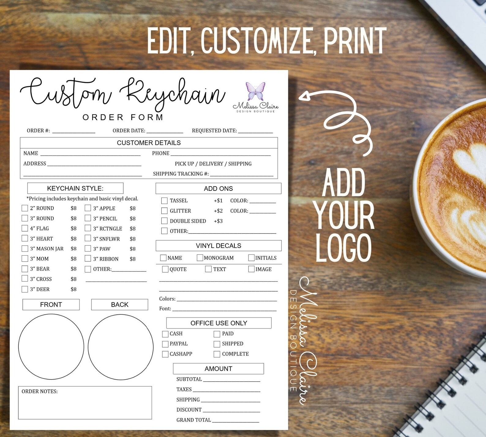 Editable Keychain Order Form Template, Custom Keychain Form, Order ...