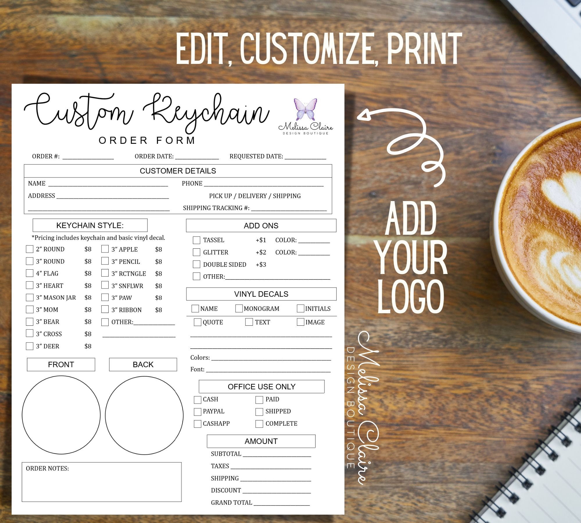 Editable Keychain Order Form Template, Custom Keychain Form, Order ...