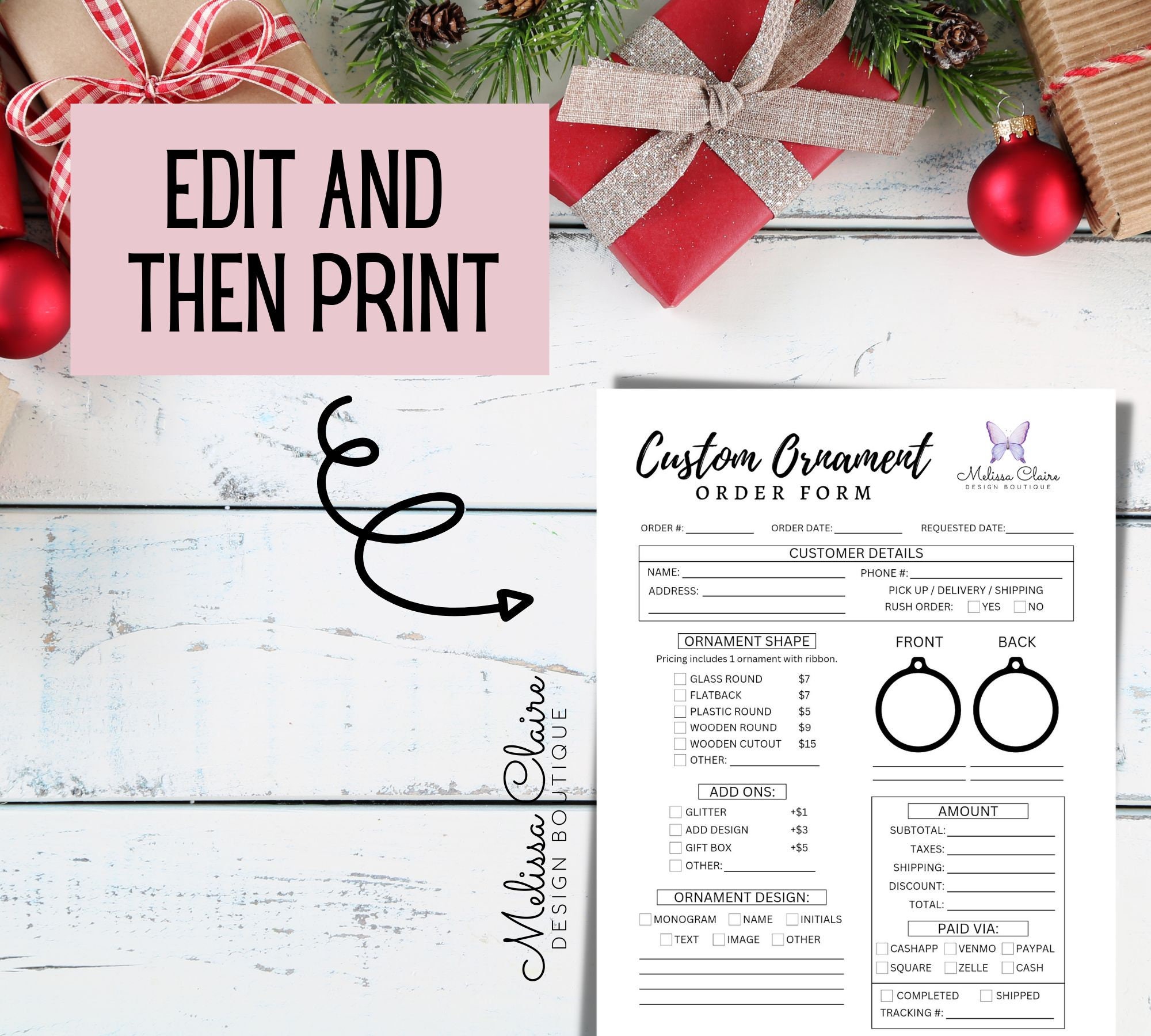 Editable Ornament Order Form Template Printable Custom Etsy